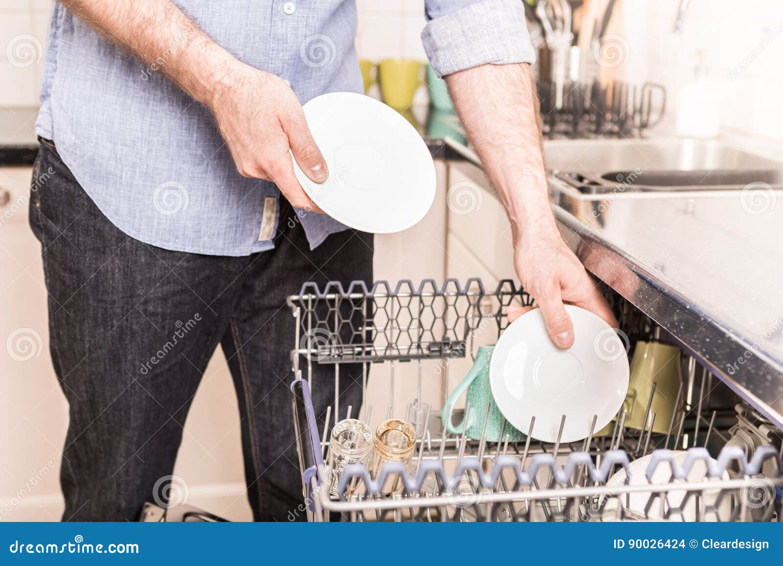 Man`s Hands Loading Dishwasher Machine in the Home Kitchen Stock Photo ...