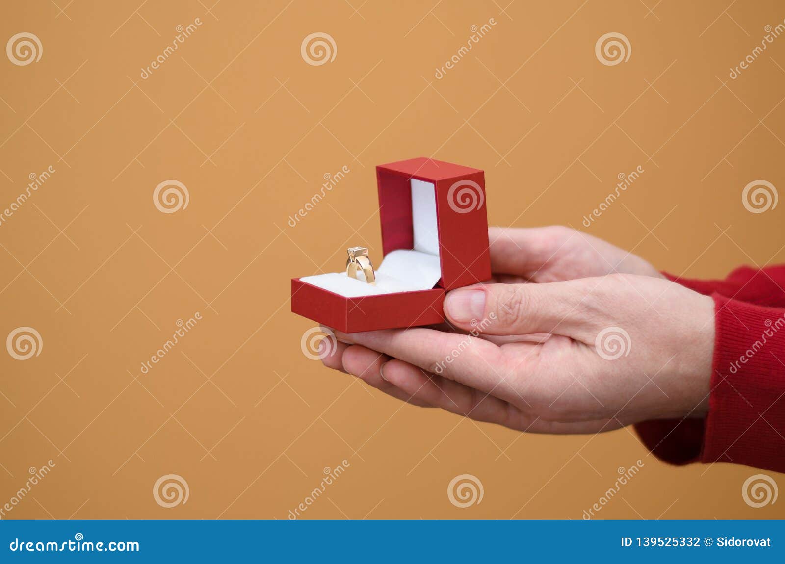 Man`s Hands Holding an Open Red Box with an Engagement Ring Stock Photo ...