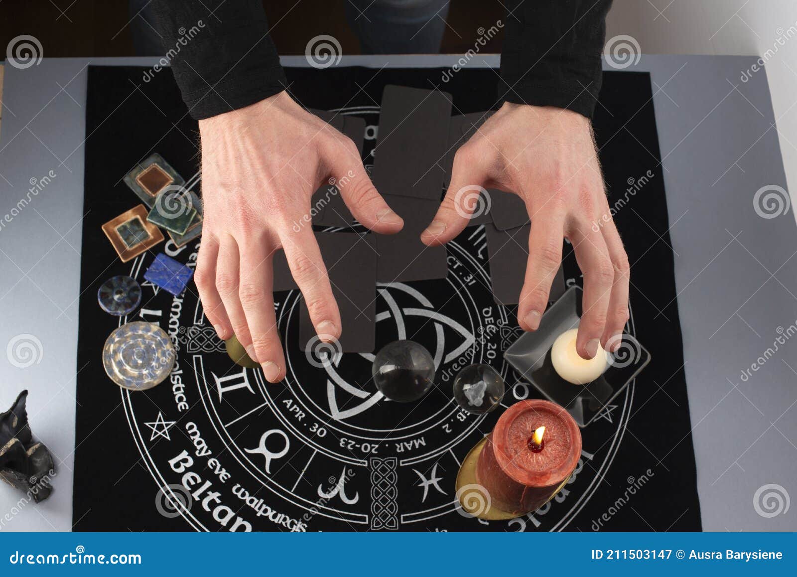 Man`s Hands Over the Table with Occult and Magic Objects Stock Image ...