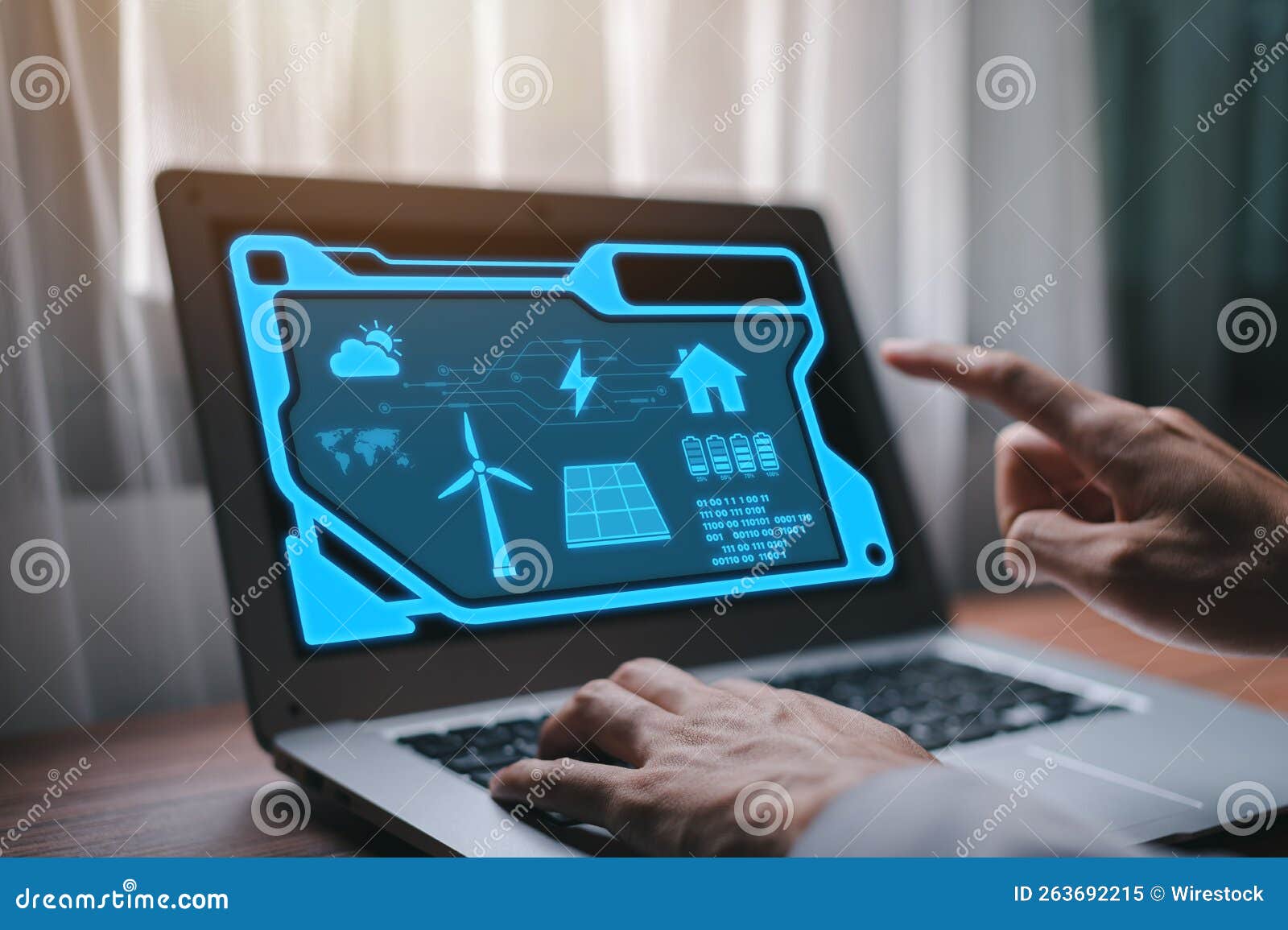 Man S Hands Typing on Laptop with Concept of Solar Power, Wind Power ...
