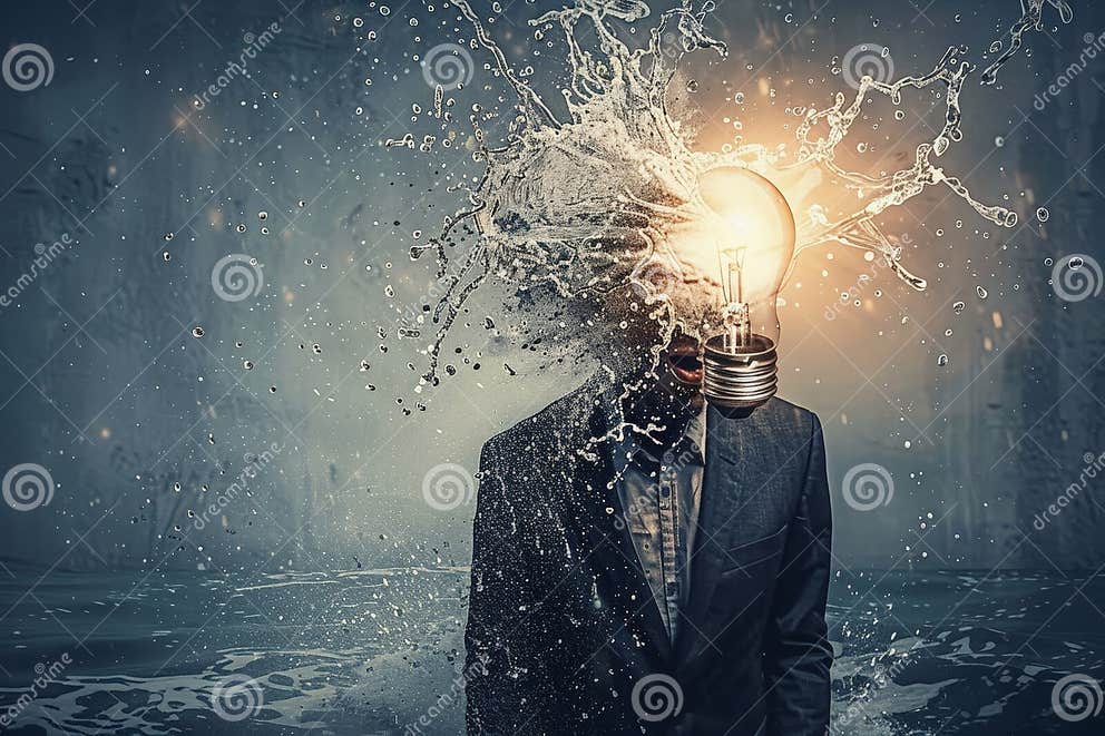 A Man S Head is Split in Half and a Light Bulb is in the Middle of the ...