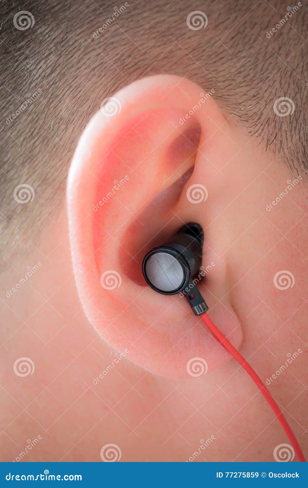 Man S Human Ear with Wire Earphone Stock Image - Image of earphones ...