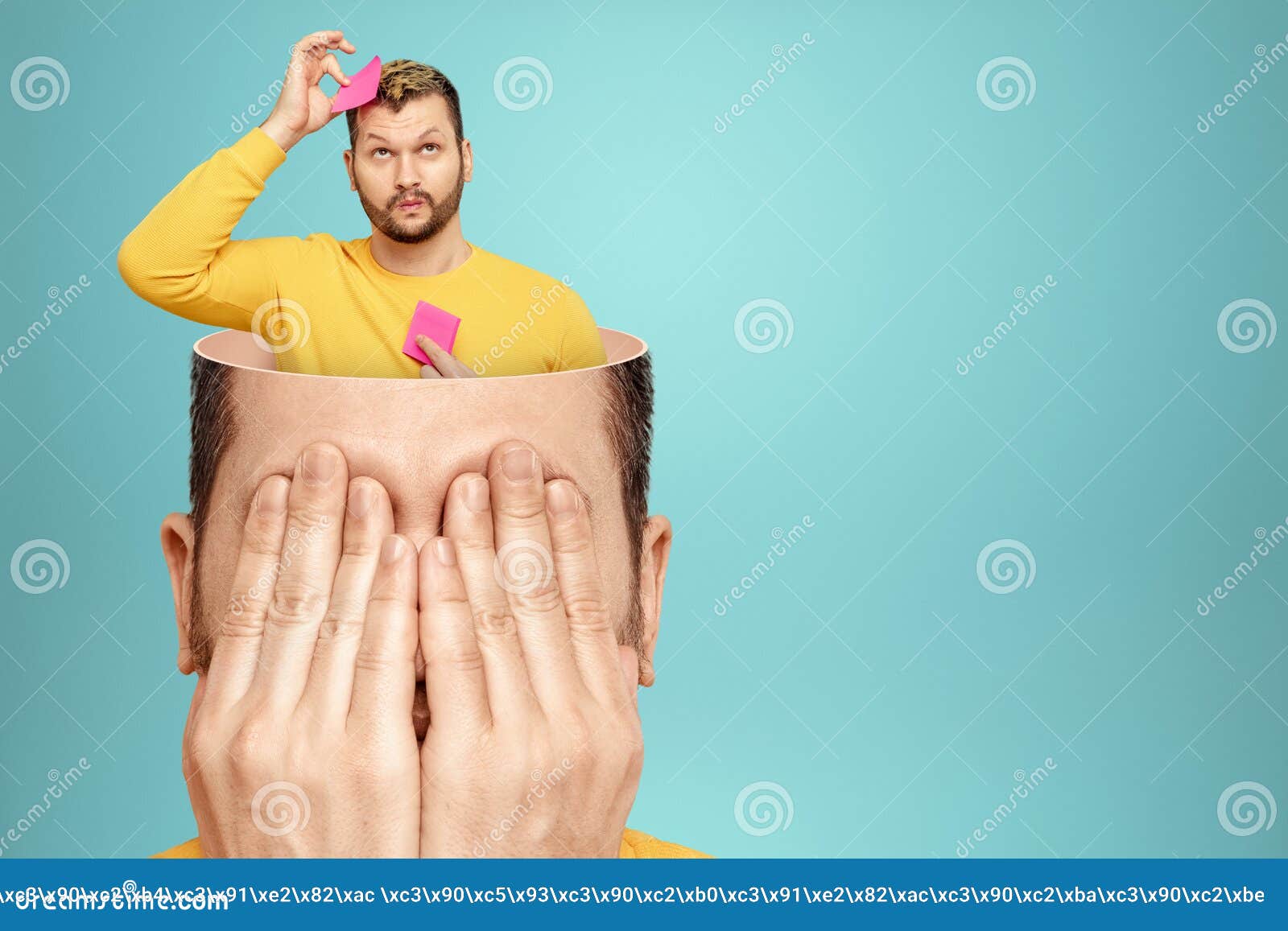 In the Man`s Open Head, the Brain Glues Stickers To Itself. the Concept ...
