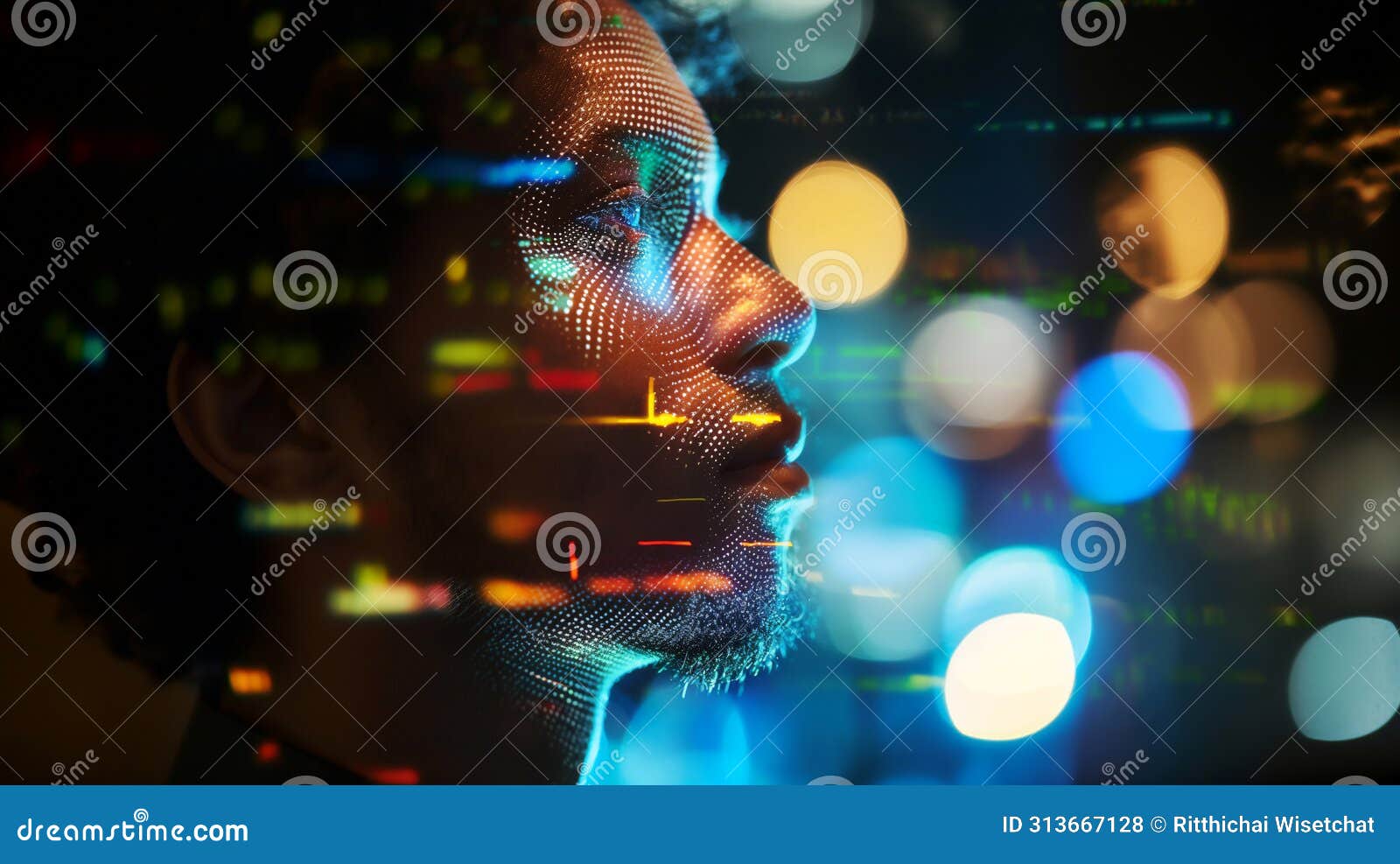 A Man S Profile with Digital Pixels and Data Visualization Overlay ...
