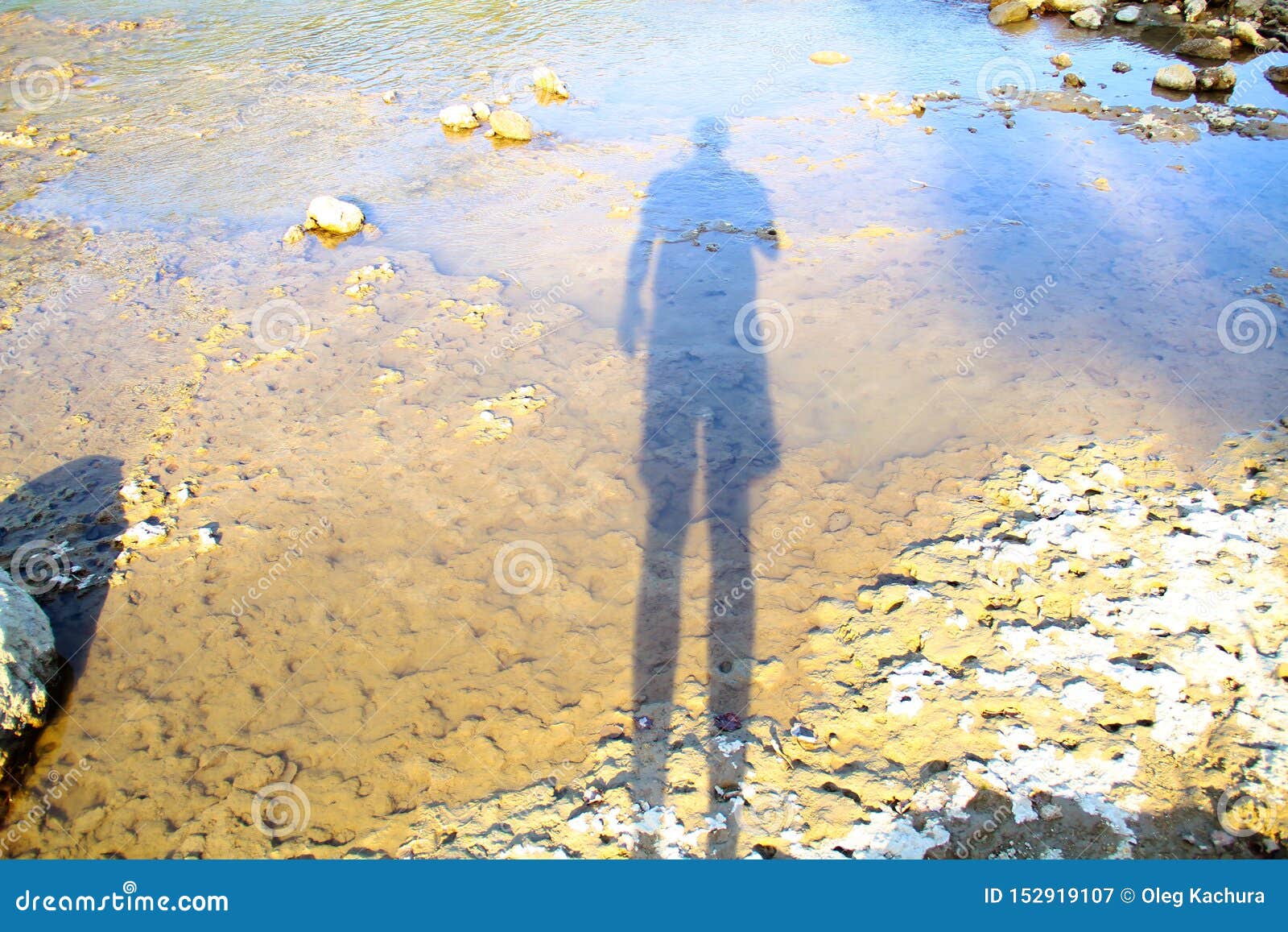 Man`s Shadow Reflected in the River on the Shoreline on a Bright Day ...