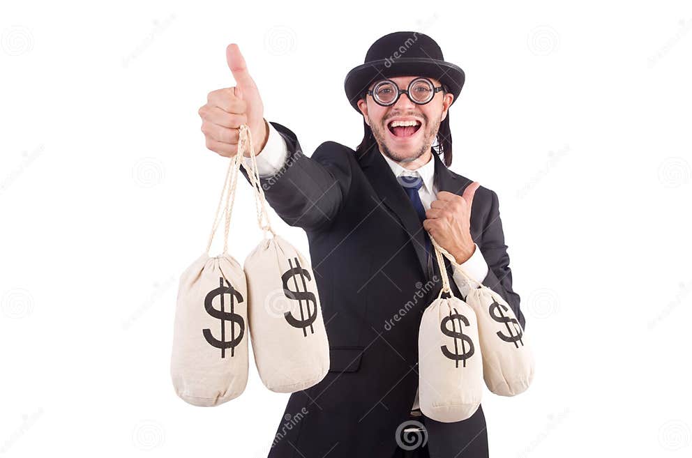 Man with Sacks of Money Isolated Stock Photo - Image of male, cash ...