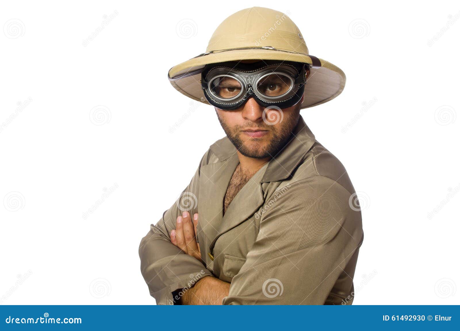 The Man in Safari Hat with Goggles on White Stock Photo - Image of ...