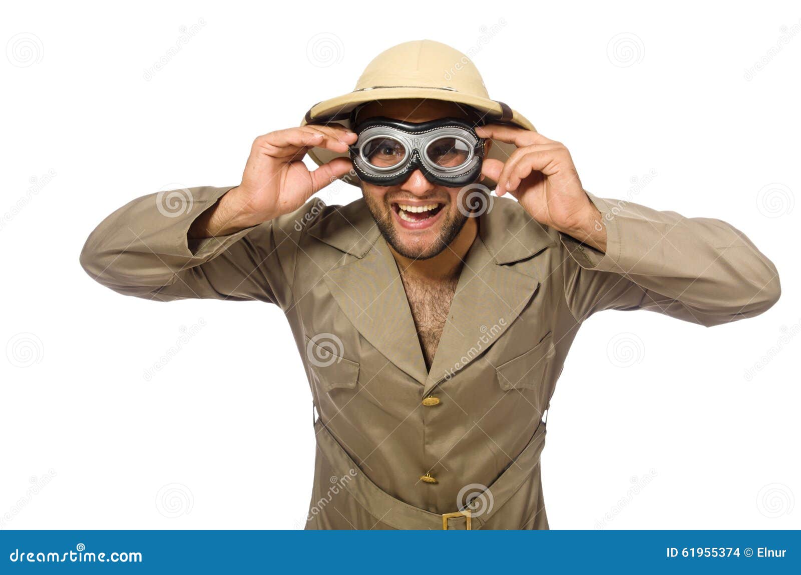 The Man in Safari Hat with Goggles on White Stock Photo - Image of ...