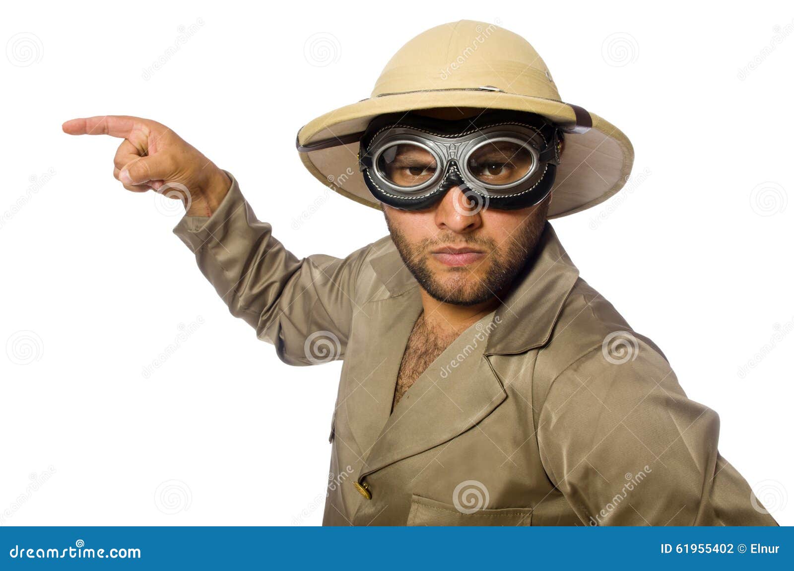 The Man in Safari Hat with Goggles on White Stock Photo - Image of ...