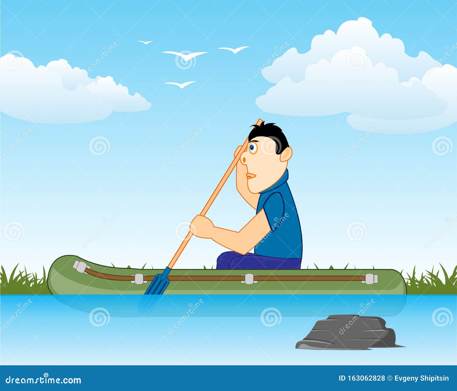 Man Sails on River on Rubber Boat Stock Vector - Illustration of stone ...