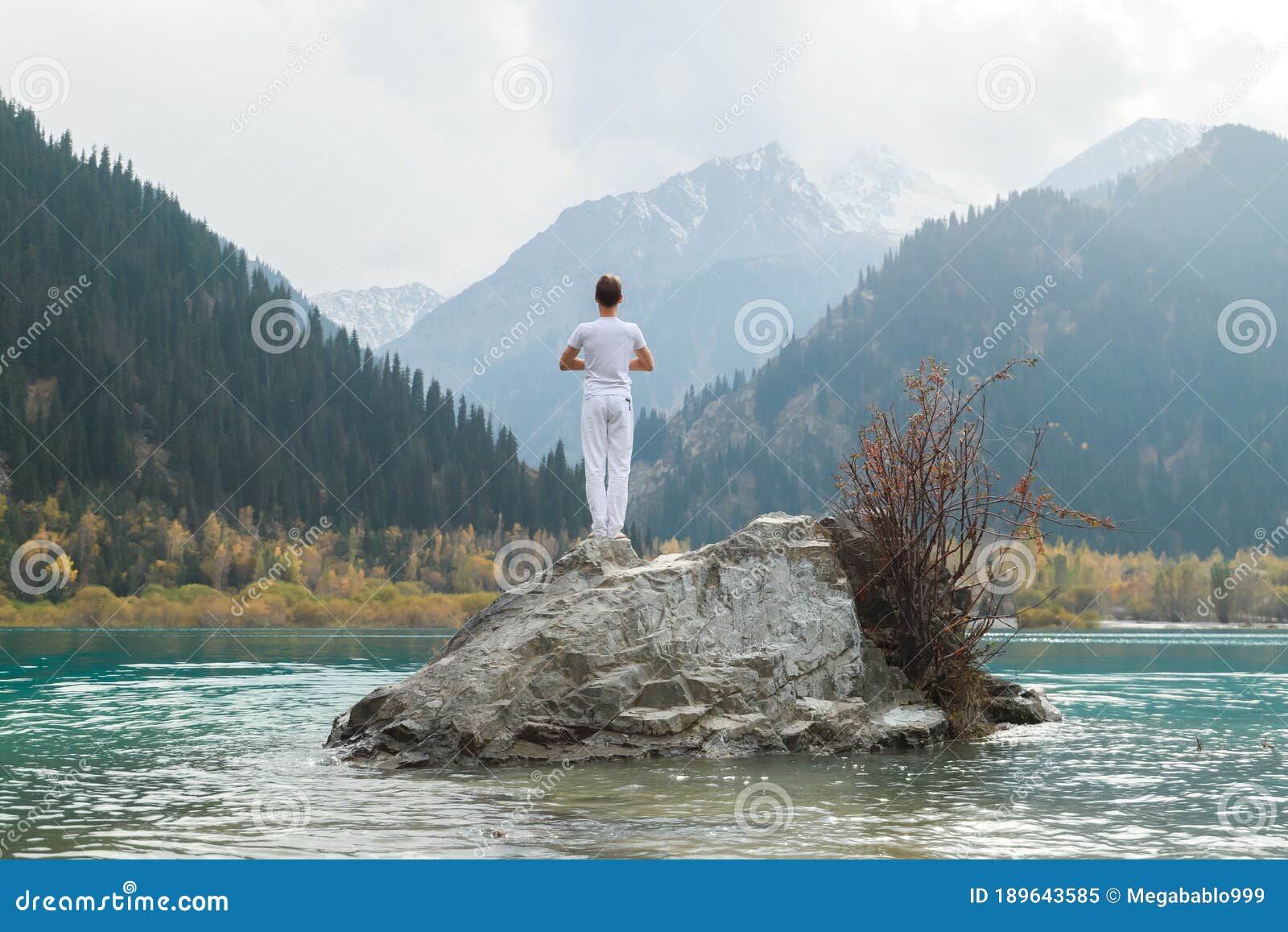 A Man in a Samasthiti Pose on a Stone among a Mountain Lake Stock Image ...