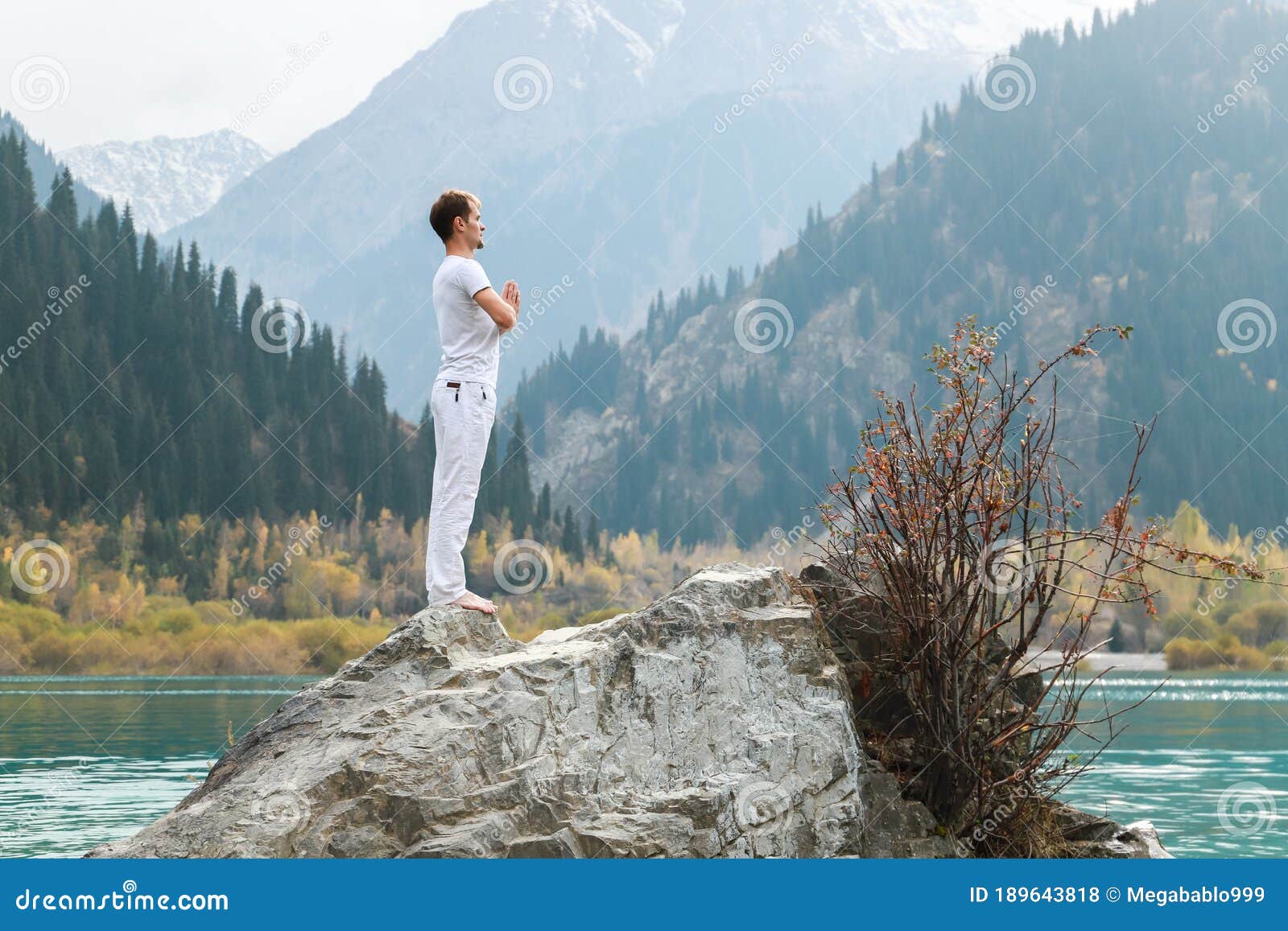 A Man in a Samasthiti Pose on a Stone among a Mountain Lake Stock Photo ...