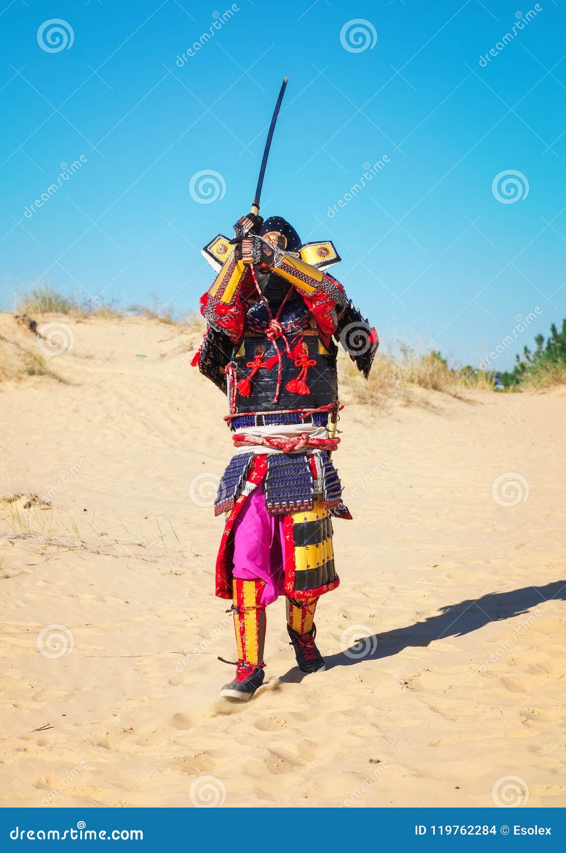 Man in Samurai Suit with Sword Going To Attack. Stock Photo - Image of ...