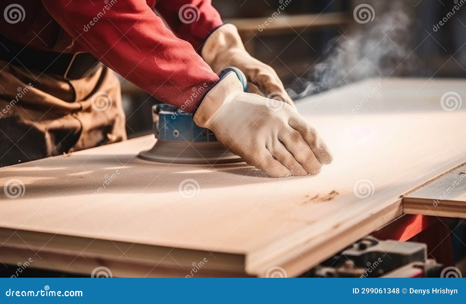 A Craftsman Sanding a Piece of Wood with a Power Sander Stock ...