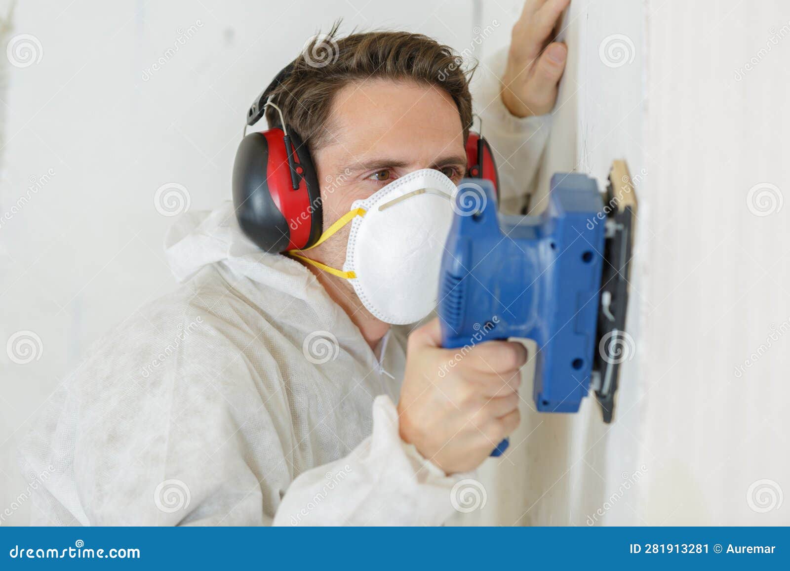 Man Sanding Wall with Power Sander Stock Image - Image of painter ...