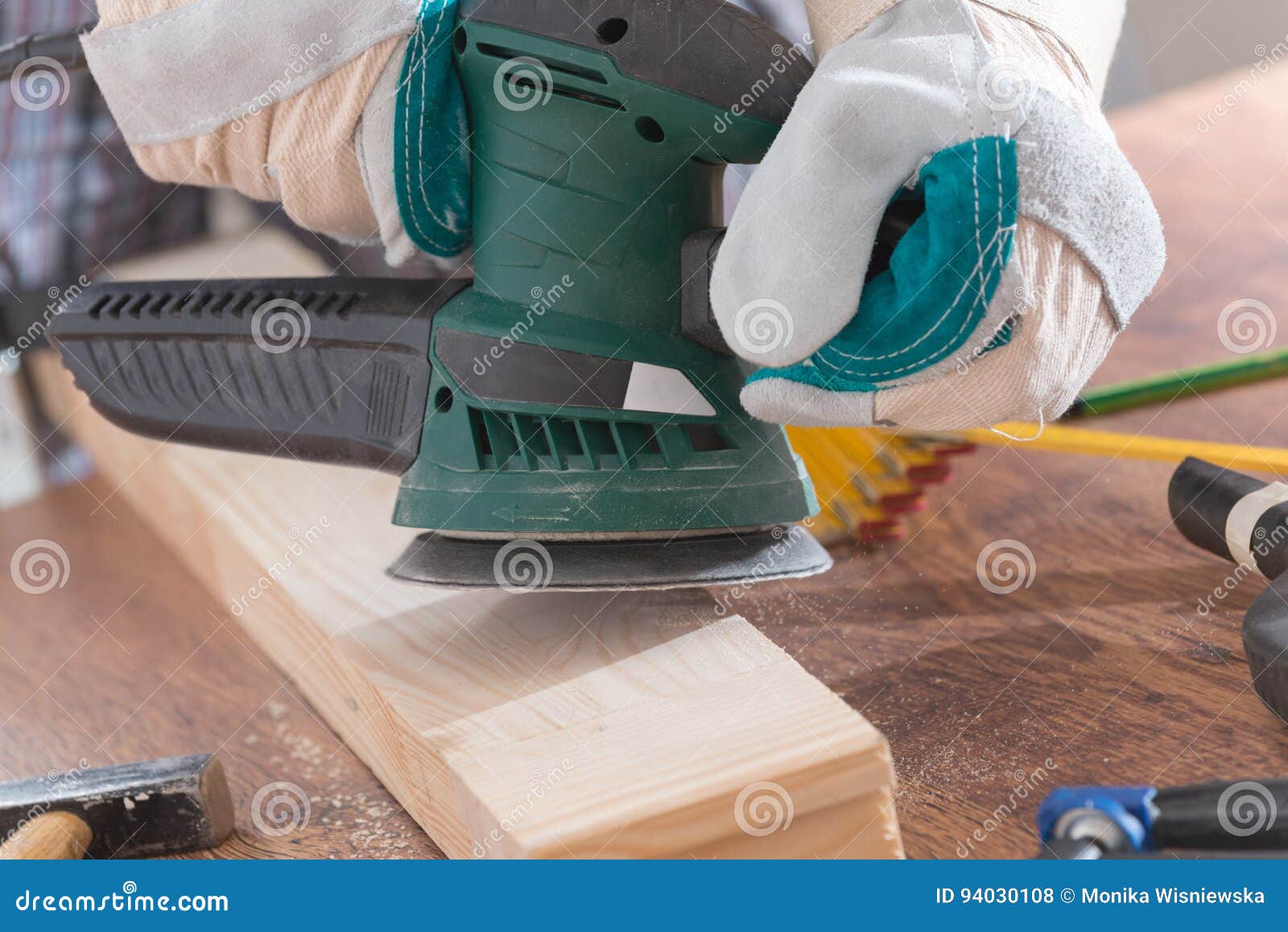 Man Sanding a Wood with Orbital Sander Stock Photo - Image of male ...