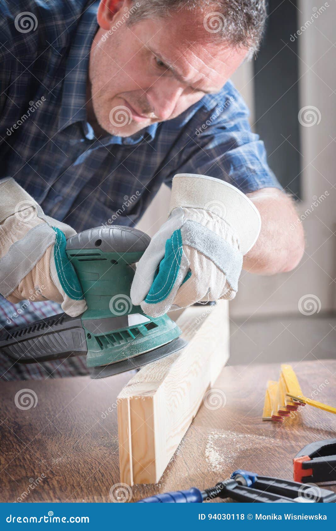 Man Sanding a Wood with Orbital Sander Stock Photo - Image of gloves ...