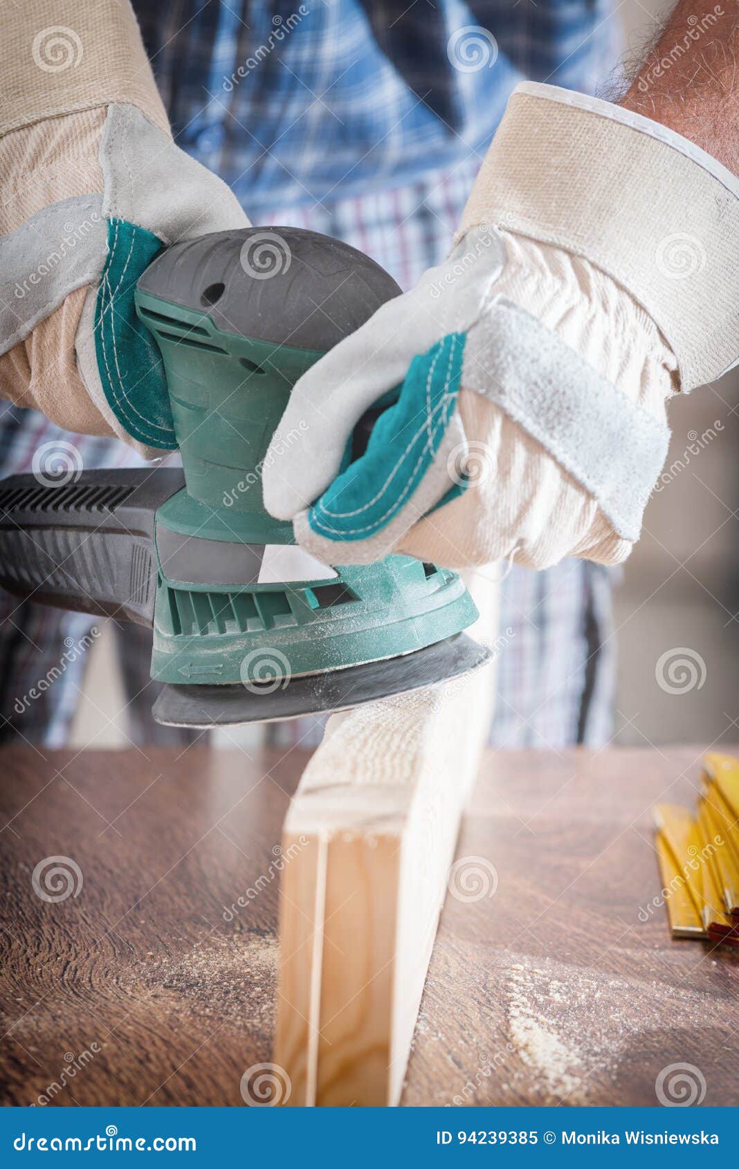 Man Sanding a Wood with Orbital Sander Stock Image - Image of grinder ...