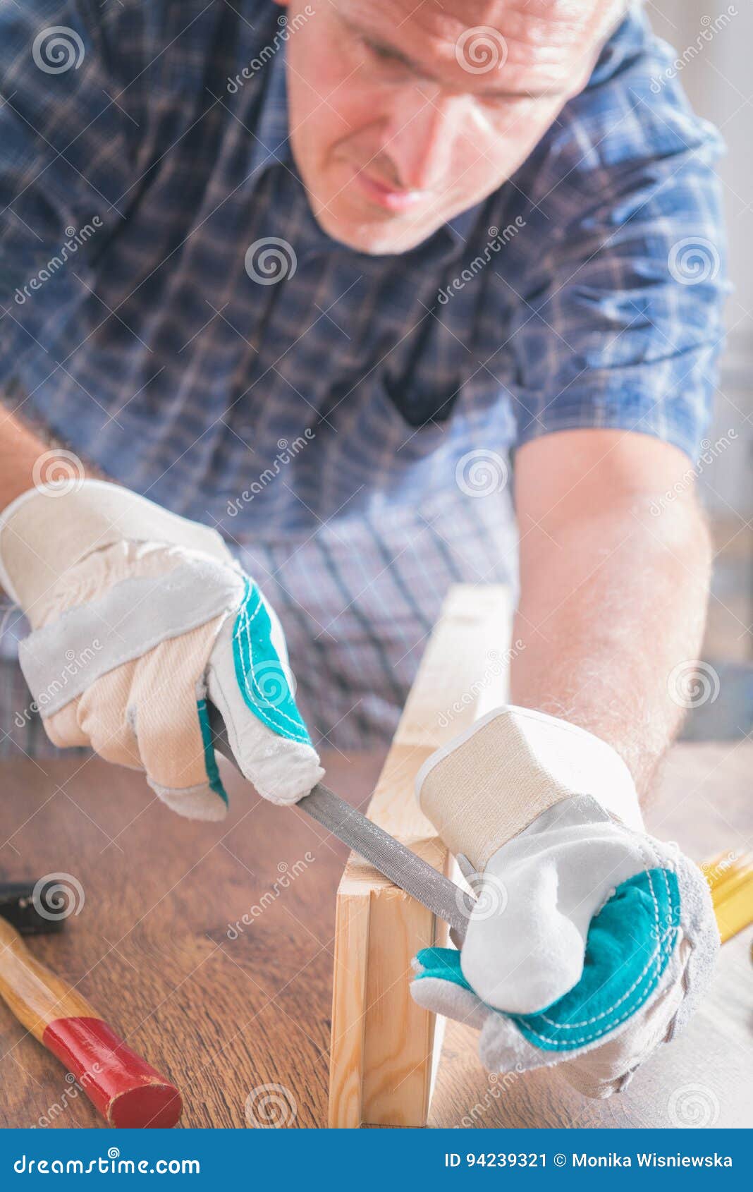 Man Sanding a Wood in a Workshop Stock Image - Image of hand ...