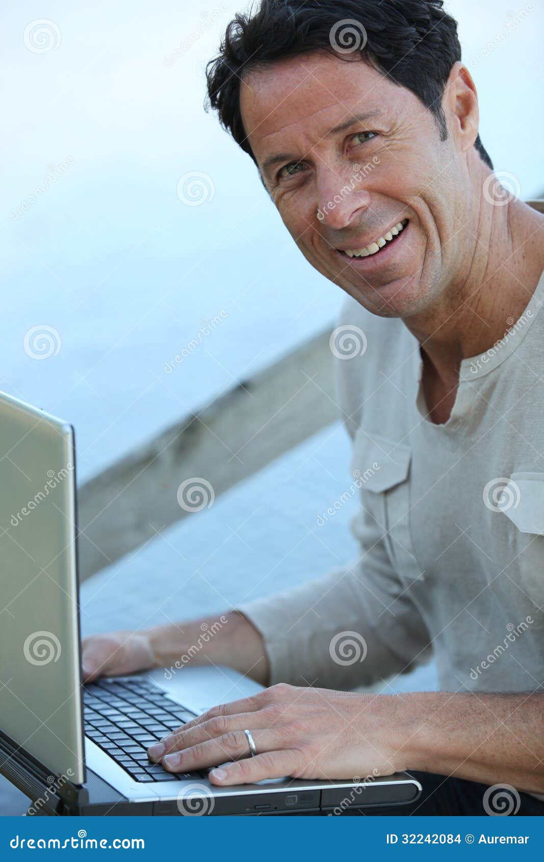 Man Sat Outdoors with Laptop Stock Photo - Image of person, device ...