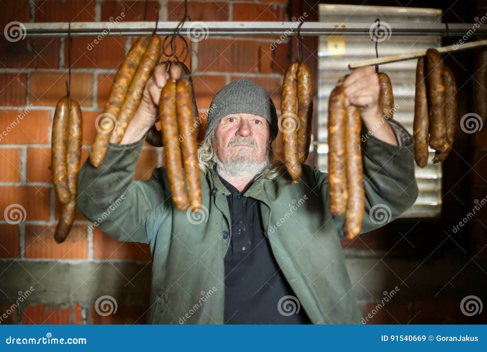 Old Man Posing With Sausages Bw Royalty-Free Stock Photo ...