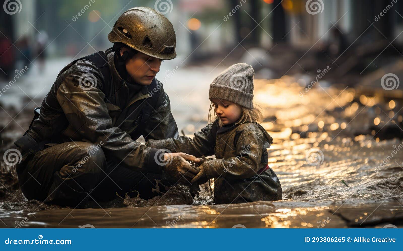 A Man Saves a Child from Flooding Stock Illustration - Illustration of ...