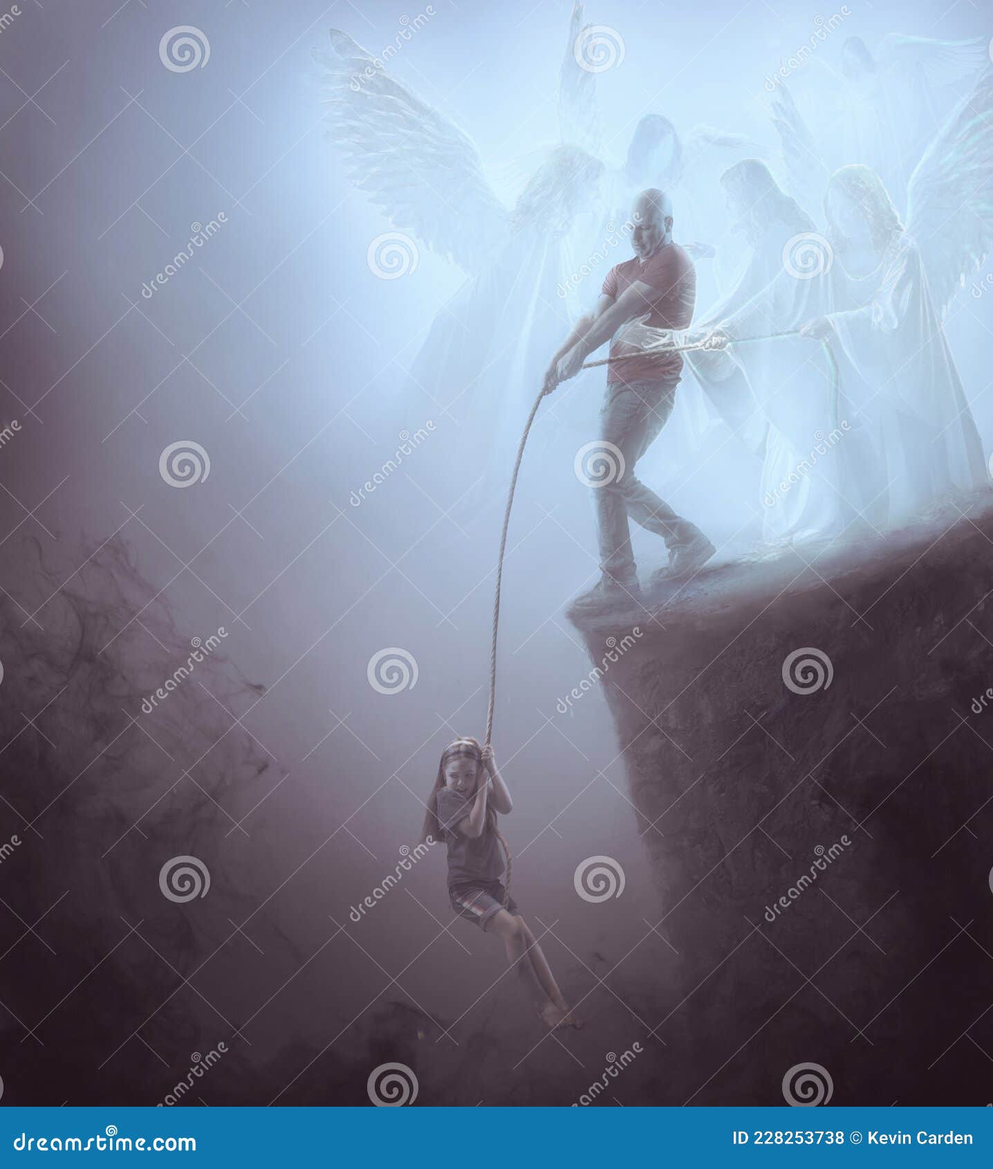 Man Saving Child while Angels Help Stock Photo - Image of glow, faith ...