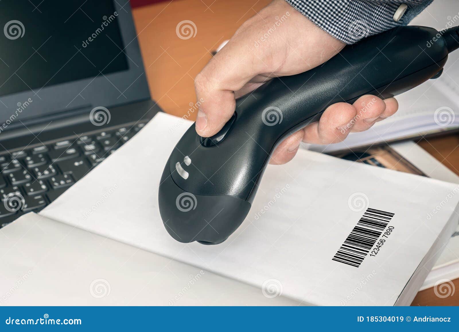 Man with Scanner Scans Barcode Stock Image - Image of page, number ...