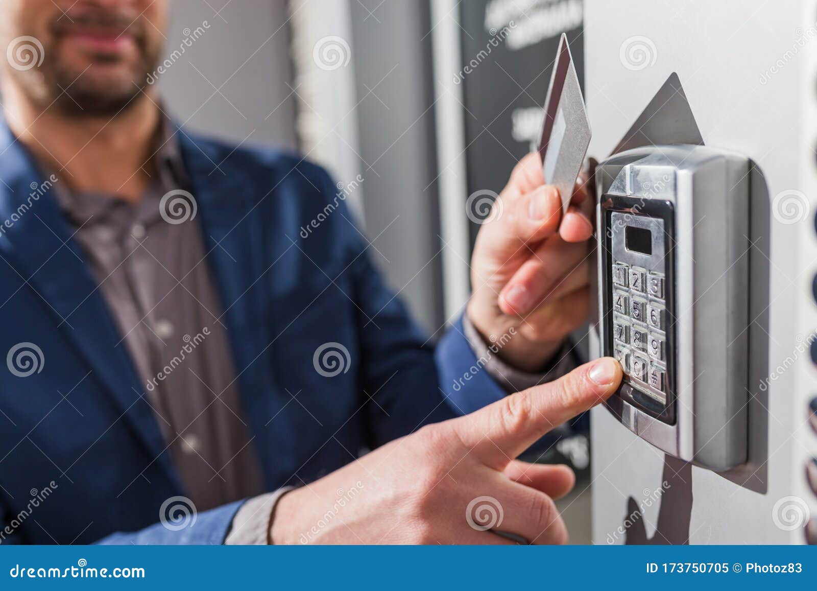 Man Scanning Security Key Card on Electric Lock and Entering Security ...