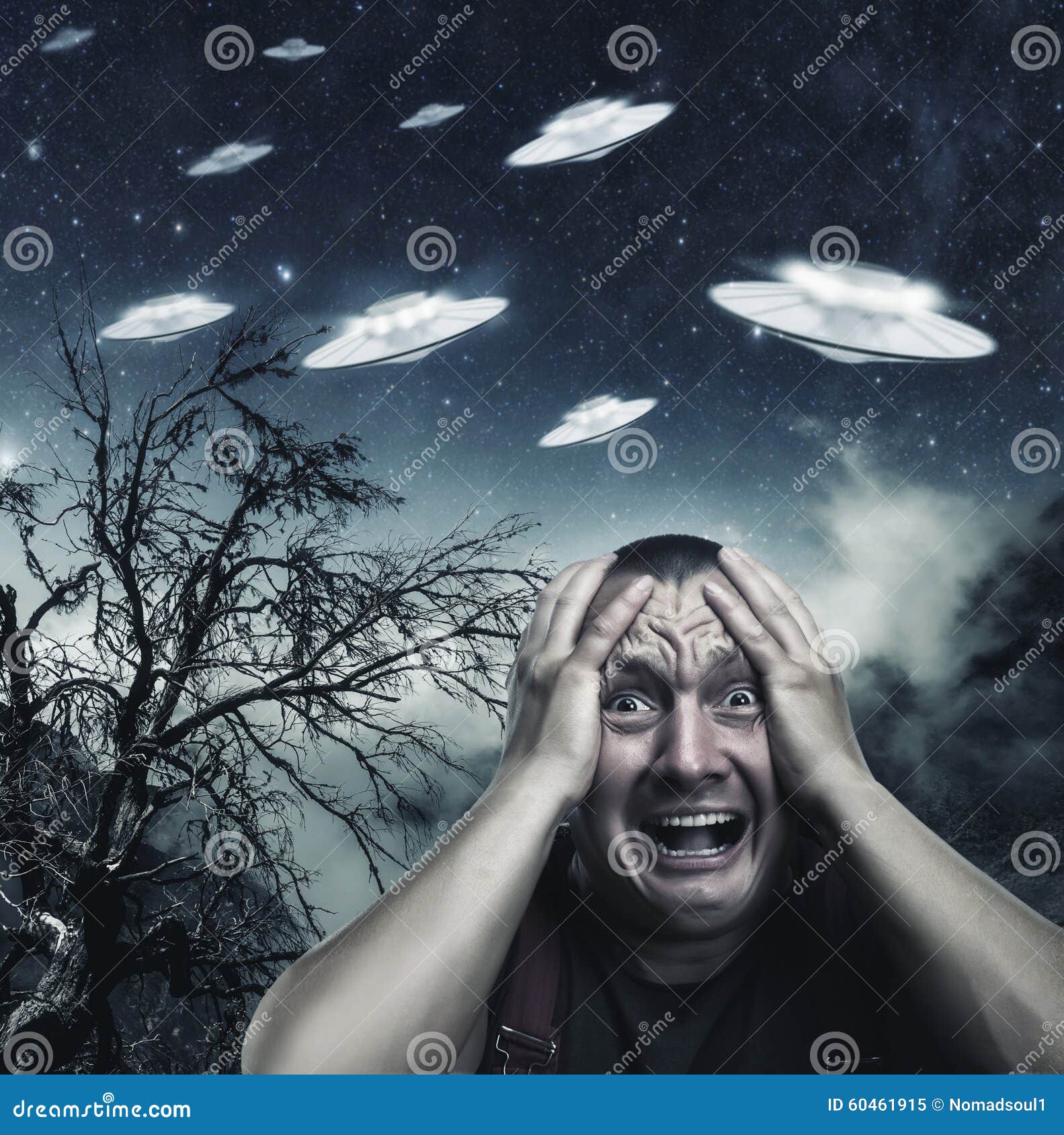 Man scared by UFO stock image. Image of attack, evening - 60461915