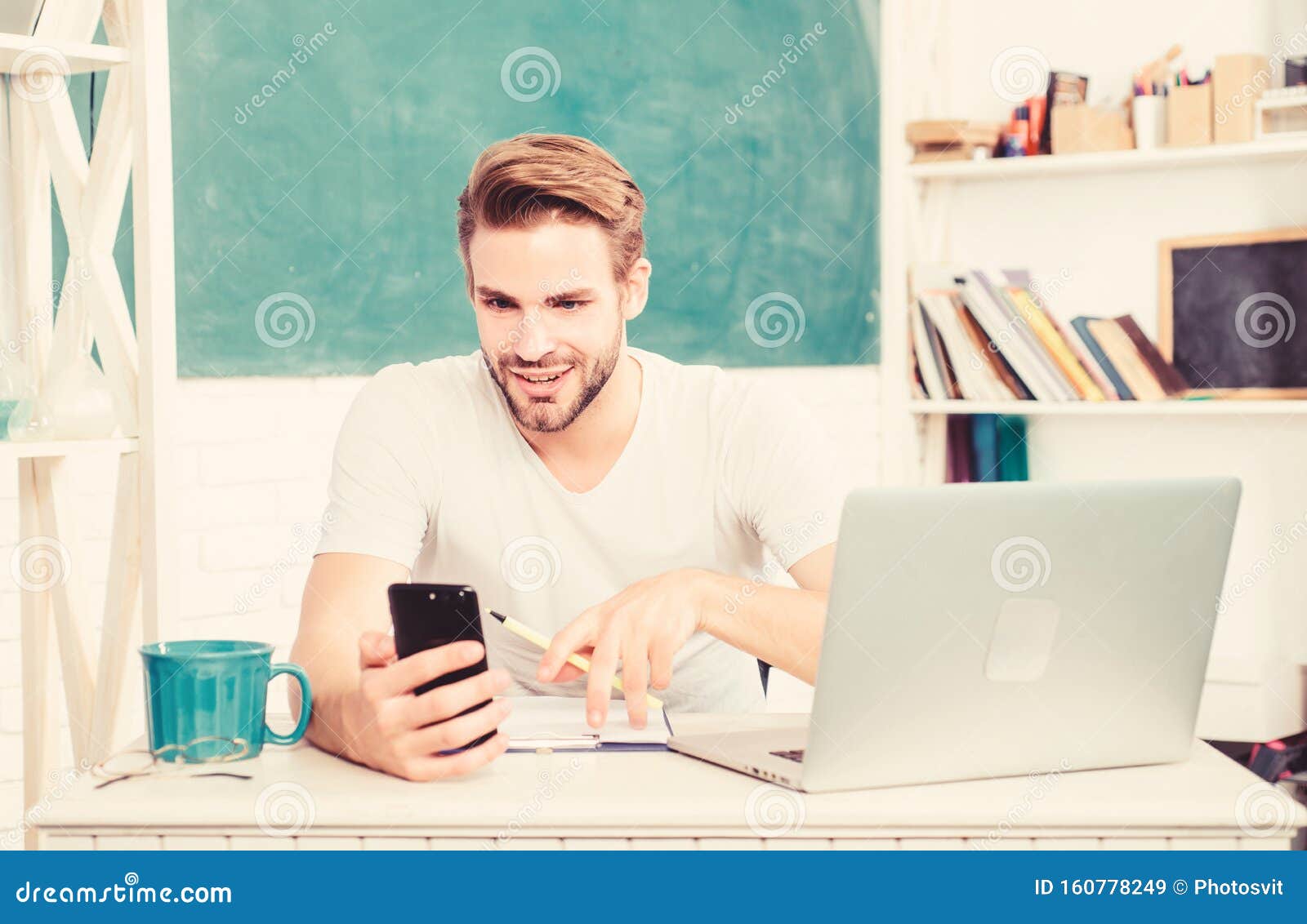 Man School Teacher Use Modern Technology for Communication. Student Use ...