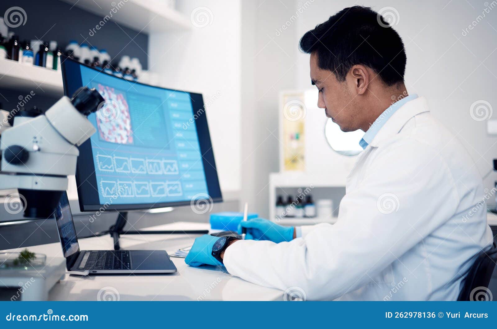 Man, Scientist and Computer with Virus, Bacteria and Research Data in ...