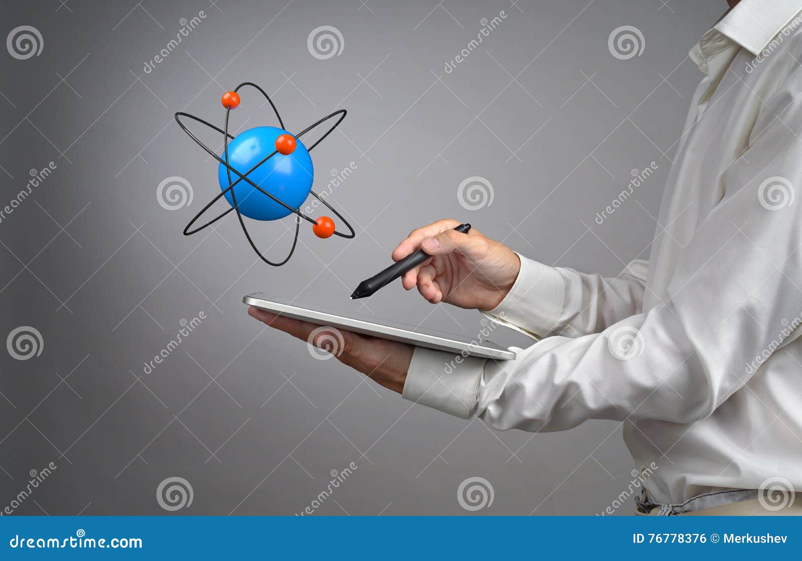 Man Scientist Holding a Tablet PC with Atom Model, Research Concept ...