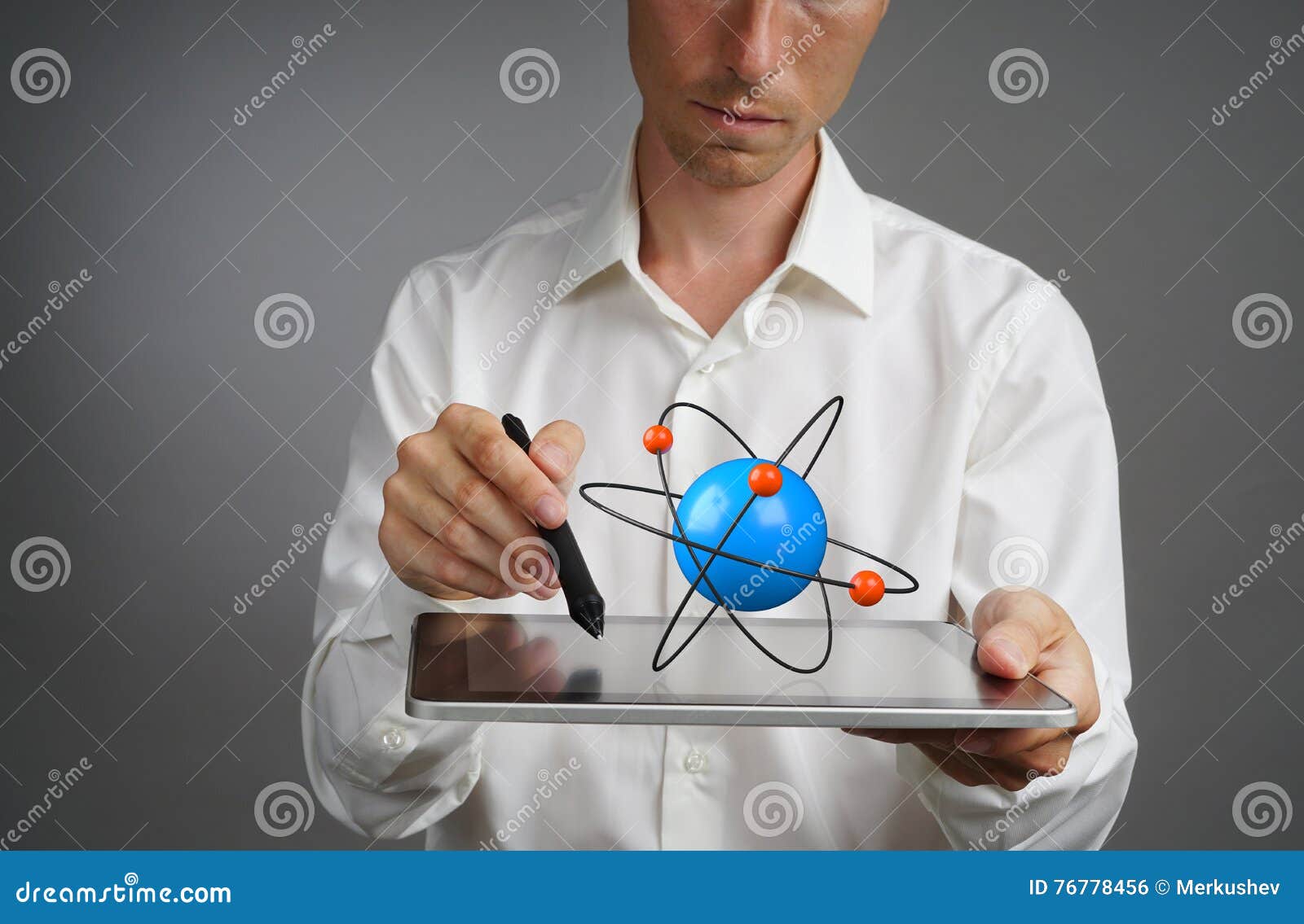 Man Scientist Holding a Tablet PC with Atom Model, Research Concept ...