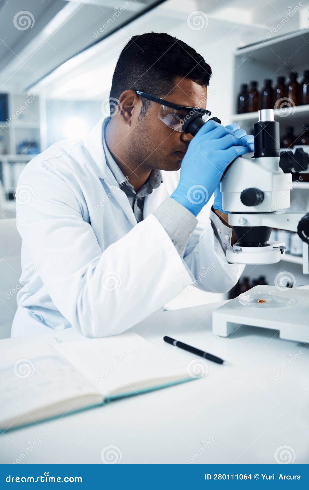 Man, Scientist and Microscope, Analysis in Laboratory and Check DNA Sample with Science ...