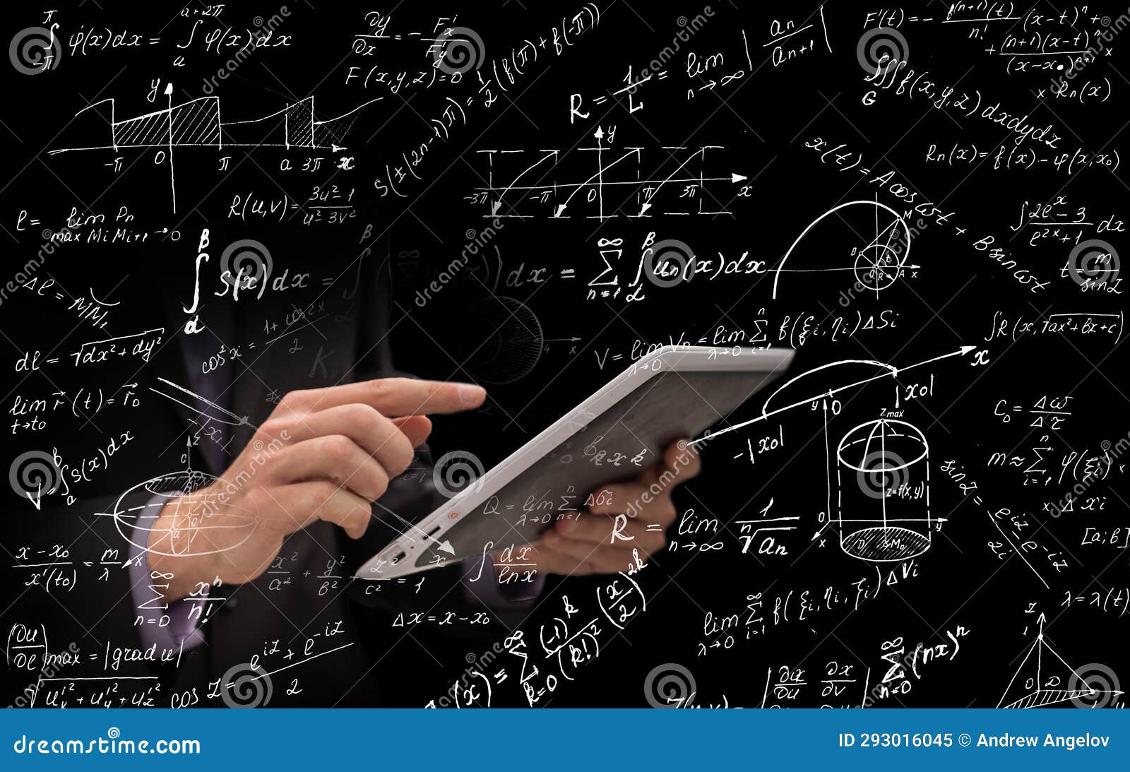 Man Scientist or Student Working with Various High School Maths and ...