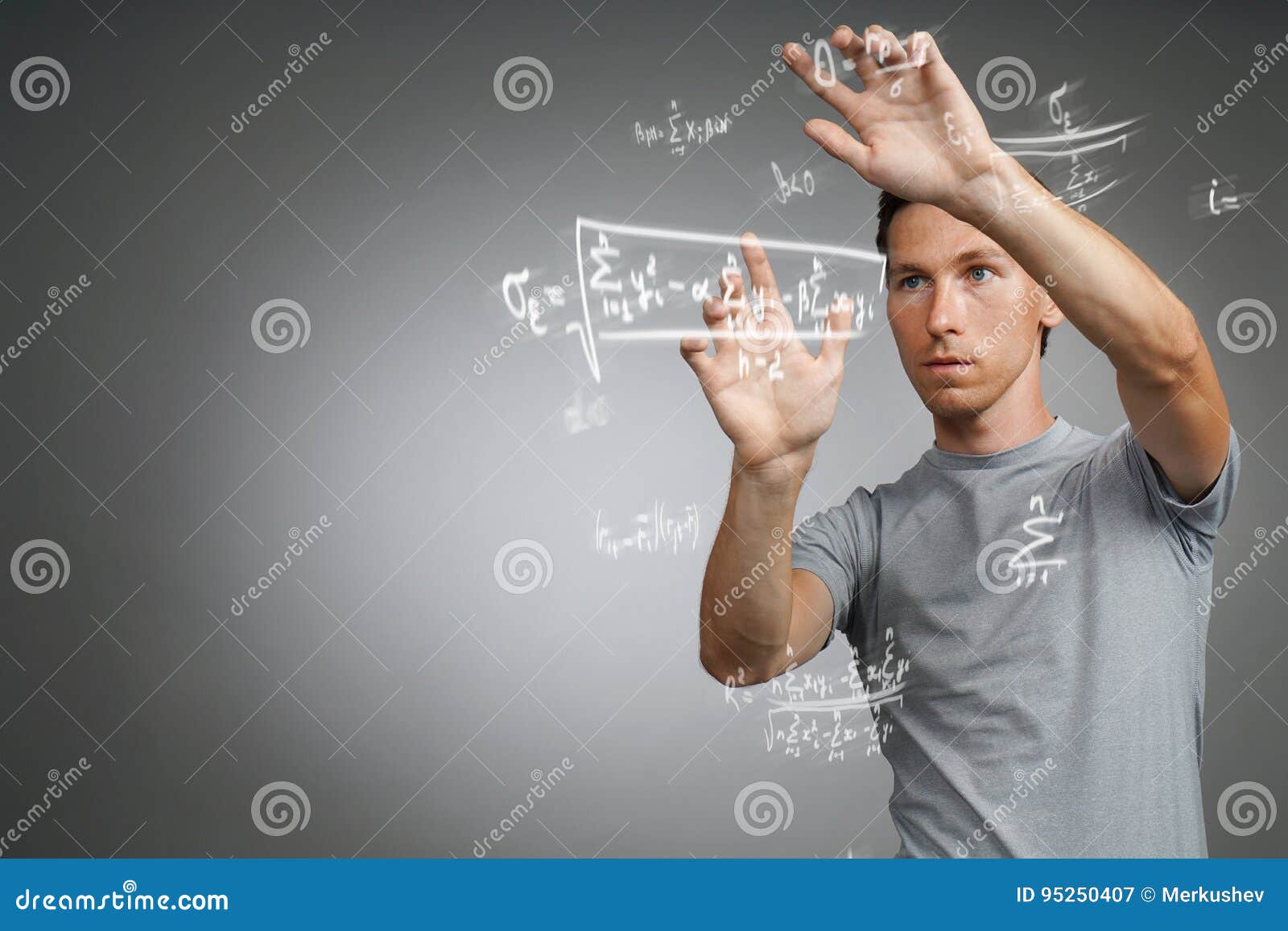 Man Scientist or Student Working with Various High School Maths and ...