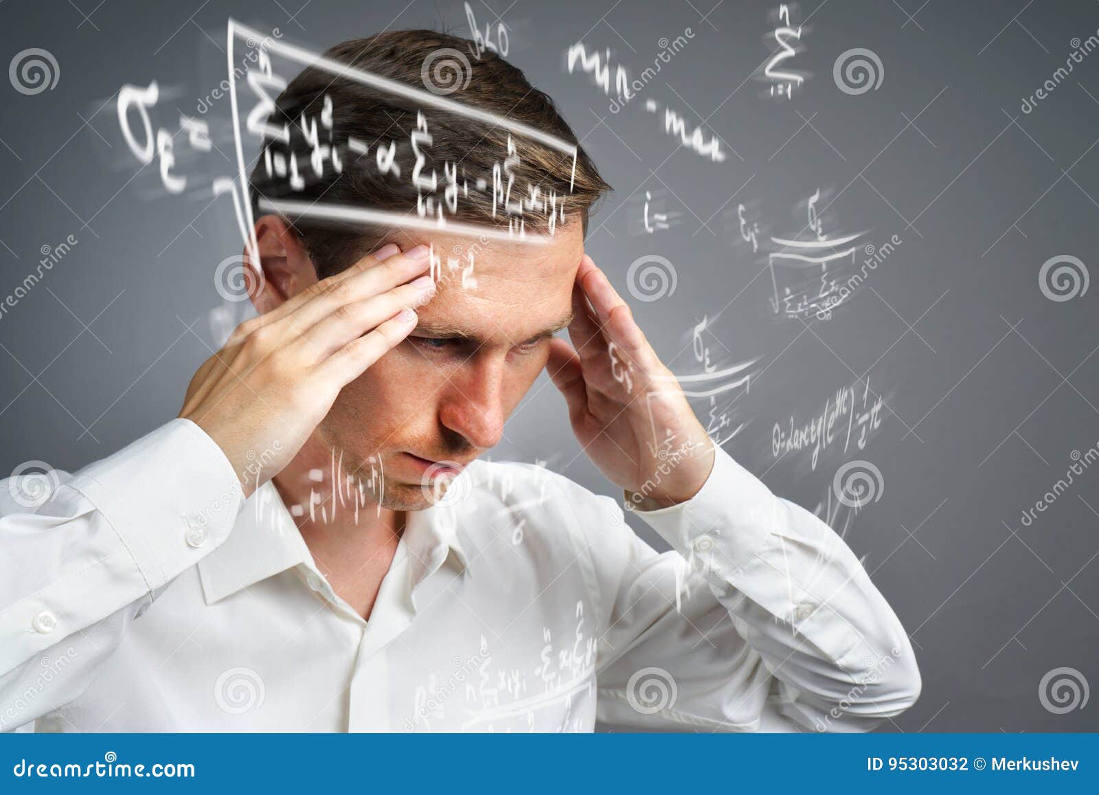 Man Scientist or Student Working with Various High School Maths and ...