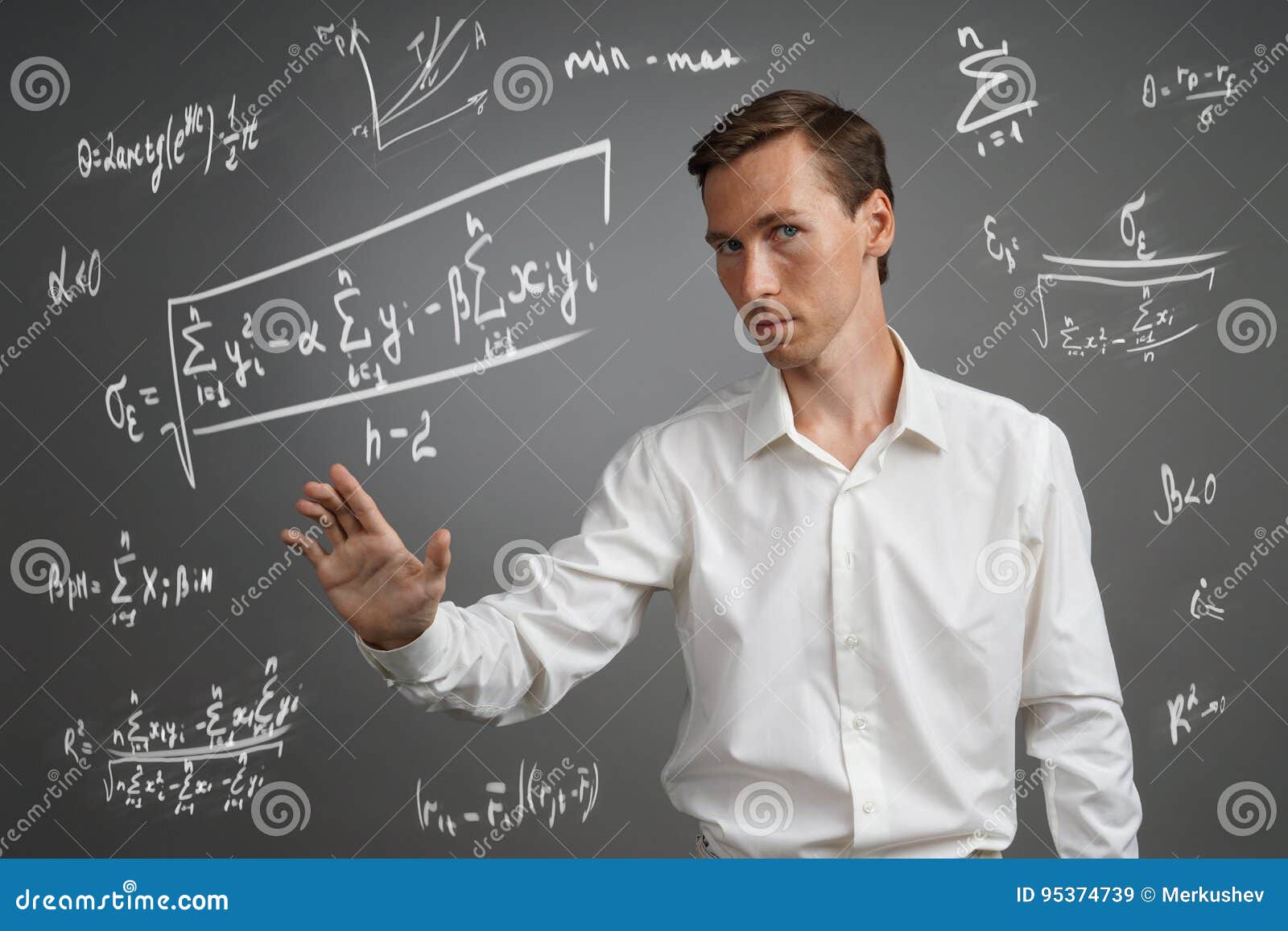 Man Scientist or Student Working with Various High School Maths and ...