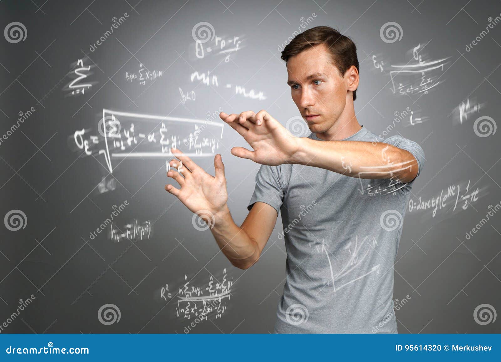 Man Scientist or Student Working with Various High School Maths and ...