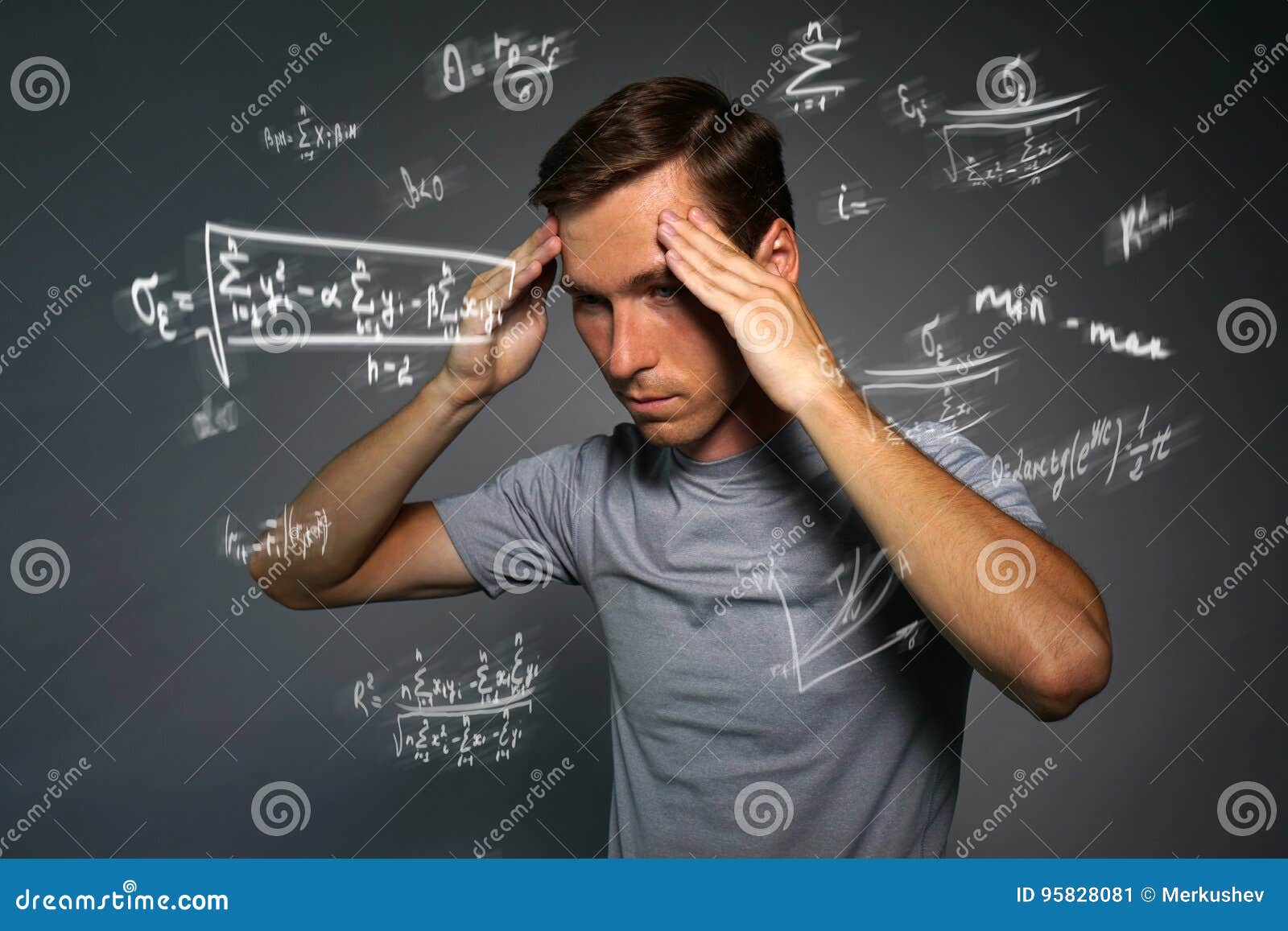 Man Scientist or Student Working with Various High School Maths and ...