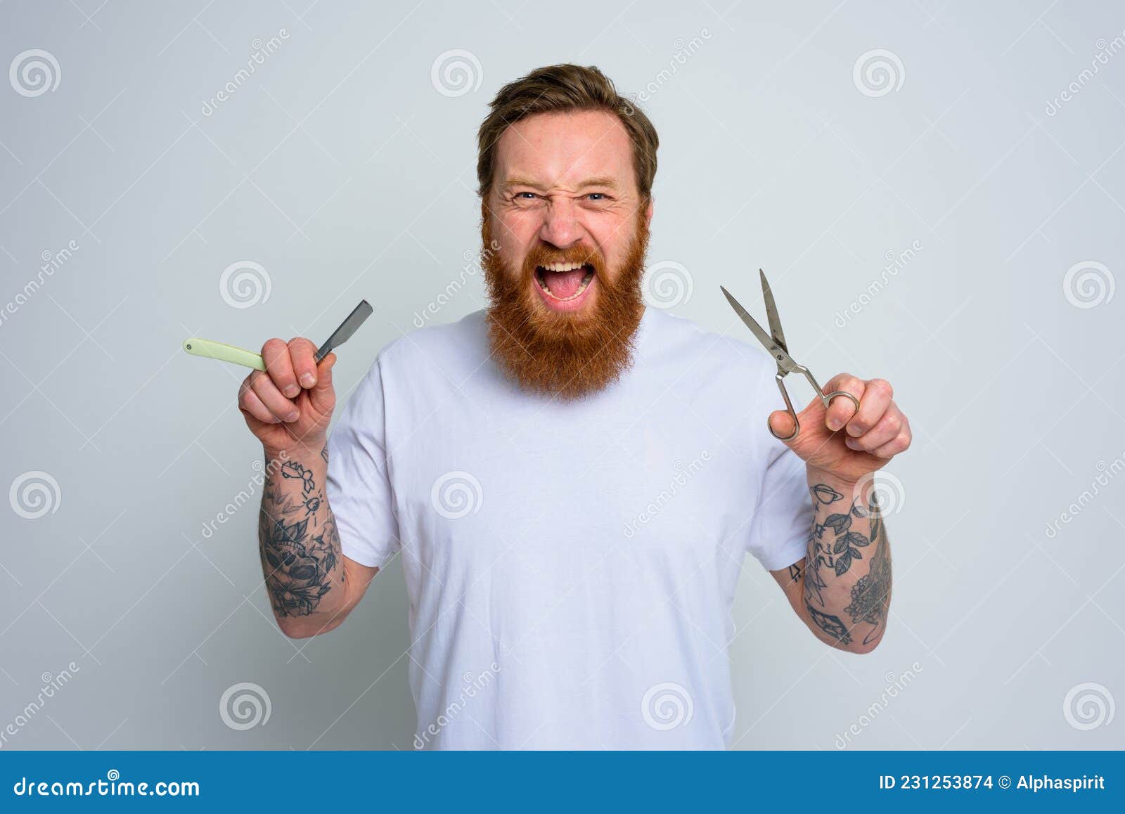 Aggressive Man with Scissors and Blade is Ready To Cut the Beard Stock ...