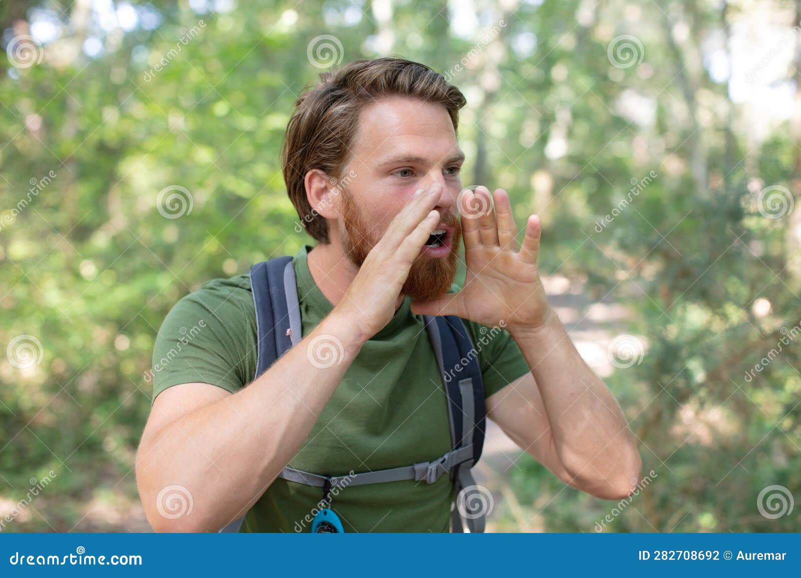 Man Screaming in Forest Calling Somebody Stock Photo - Image of ...