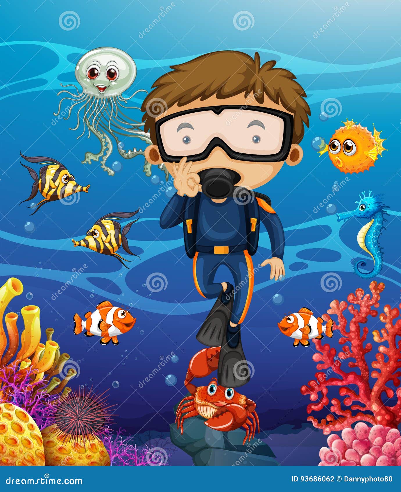 Man Scuba Diving Under the Ocean Stock Vector - Illustration of drawing ...