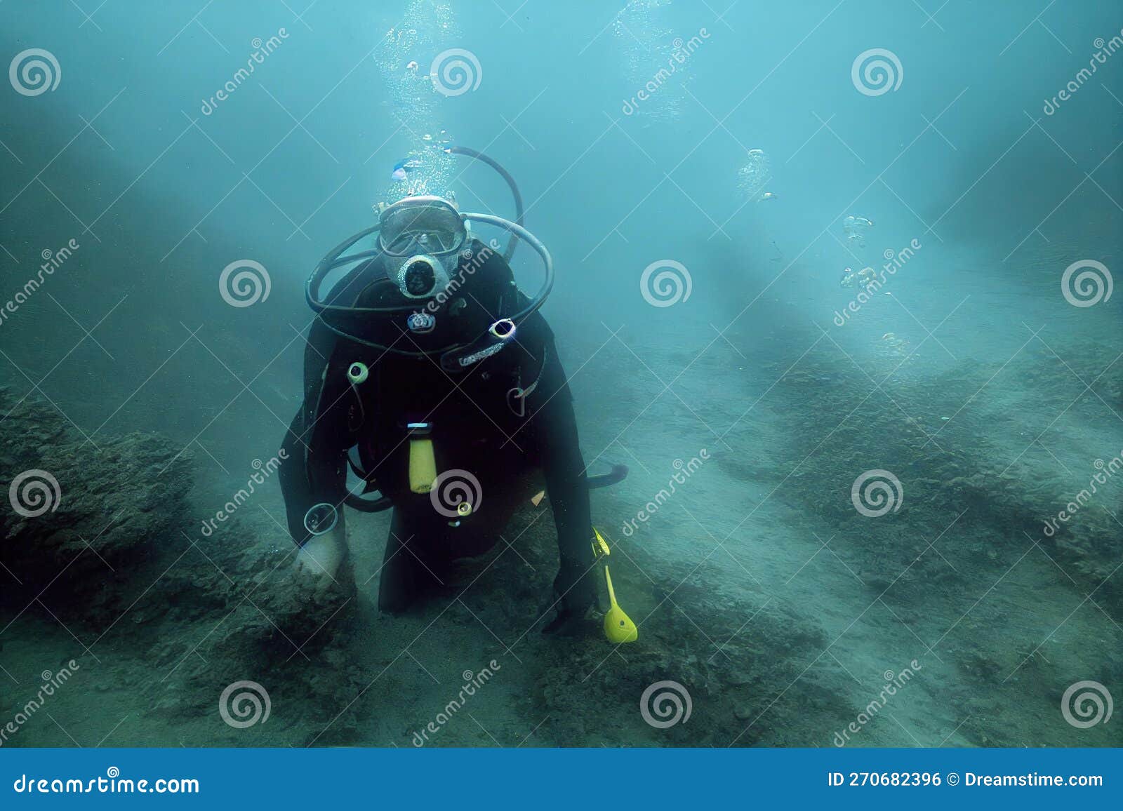 A Man in Scuba Gear at the Bottom of the Ocean Diver Underwater View ...