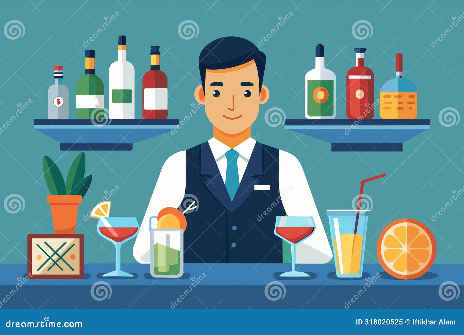 A Man is Seated at a Bar, Surrounded by Various Drinks, Cocktail ...