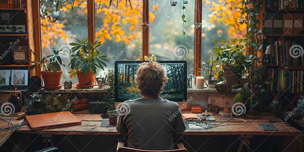 The Man is Seated at a Desk with a Computer in Front of Him Stock Photo ...