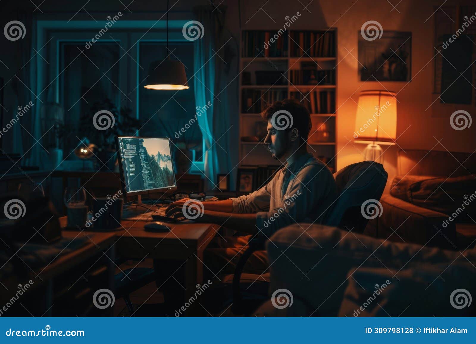 A Man is Seated at a Desk, Working on a Computer, Late Night Work from ...
