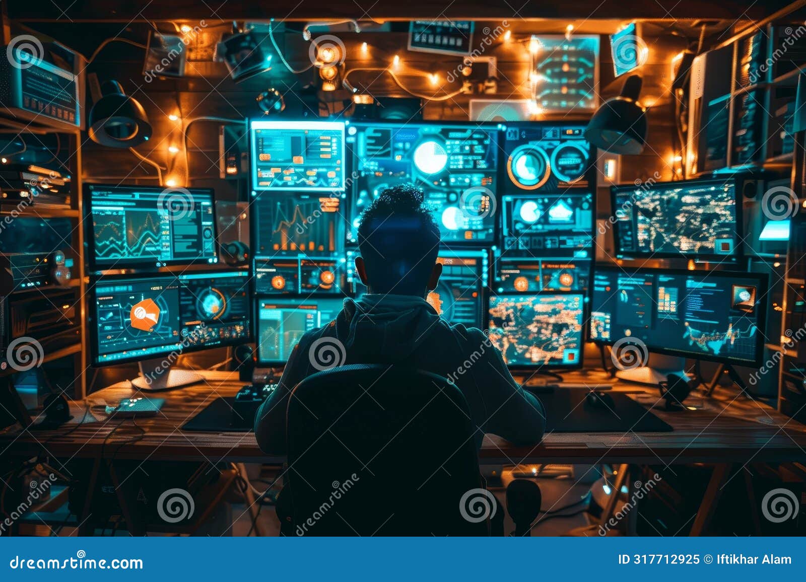A Man is Seated at a Desk, Working in Front of Numerous Computer ...