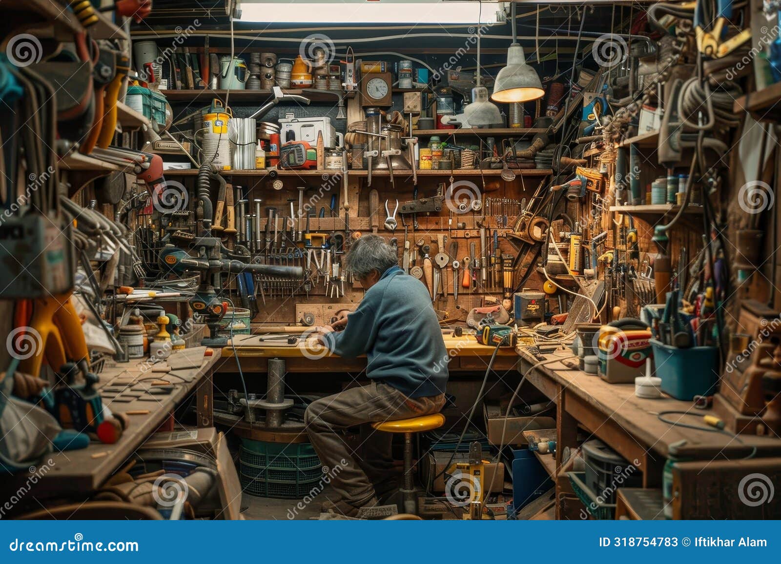 A Man is Seated at a Workbench in a Cluttered Workshop Surrounded by ...